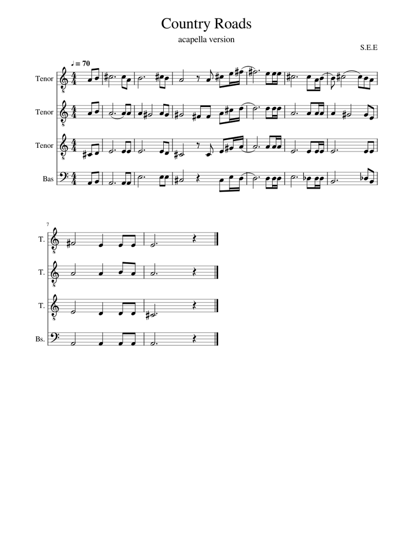 Country Roads Acapella Sheet Music for Tenor, Bass voice (Choral ...
