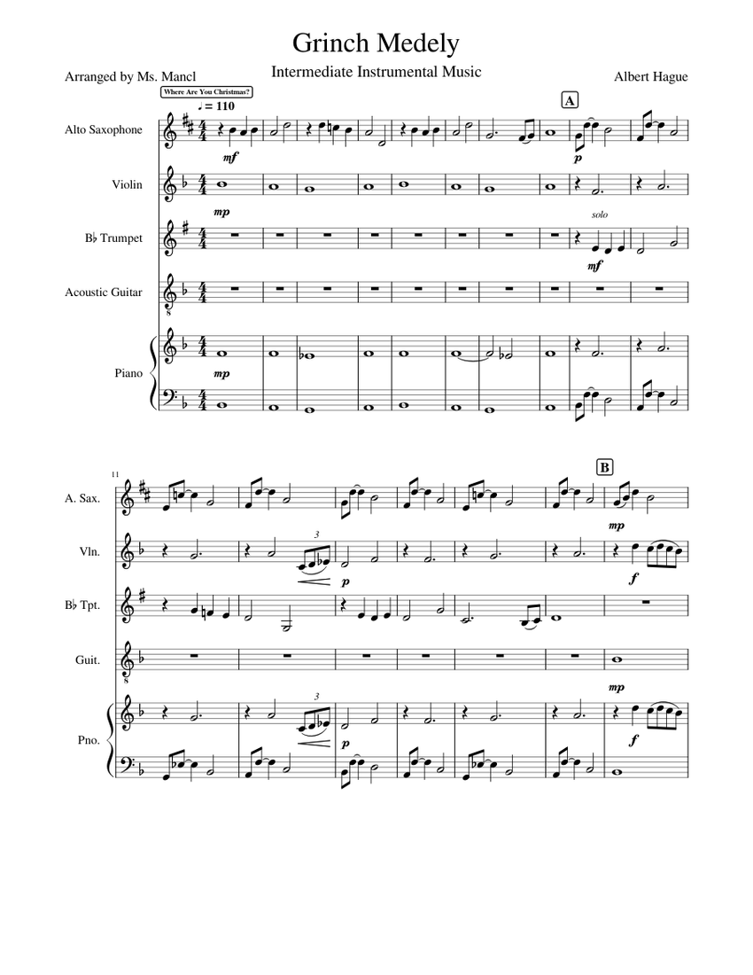 Grinch Medley Sheet Music for Piano, Saxophone alto, Trumpet in b-flat ...