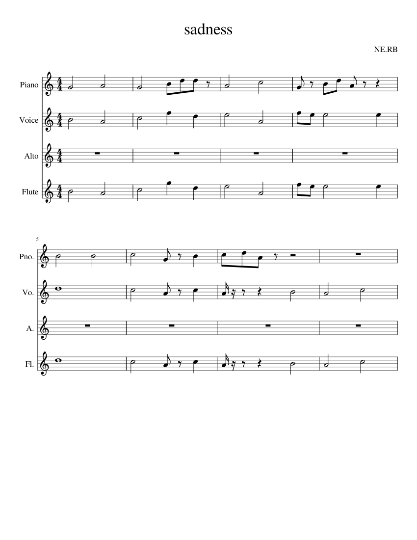Sadness Sheet music for Piano, Alto, Vocals, Flute (Mixed Quartet ...