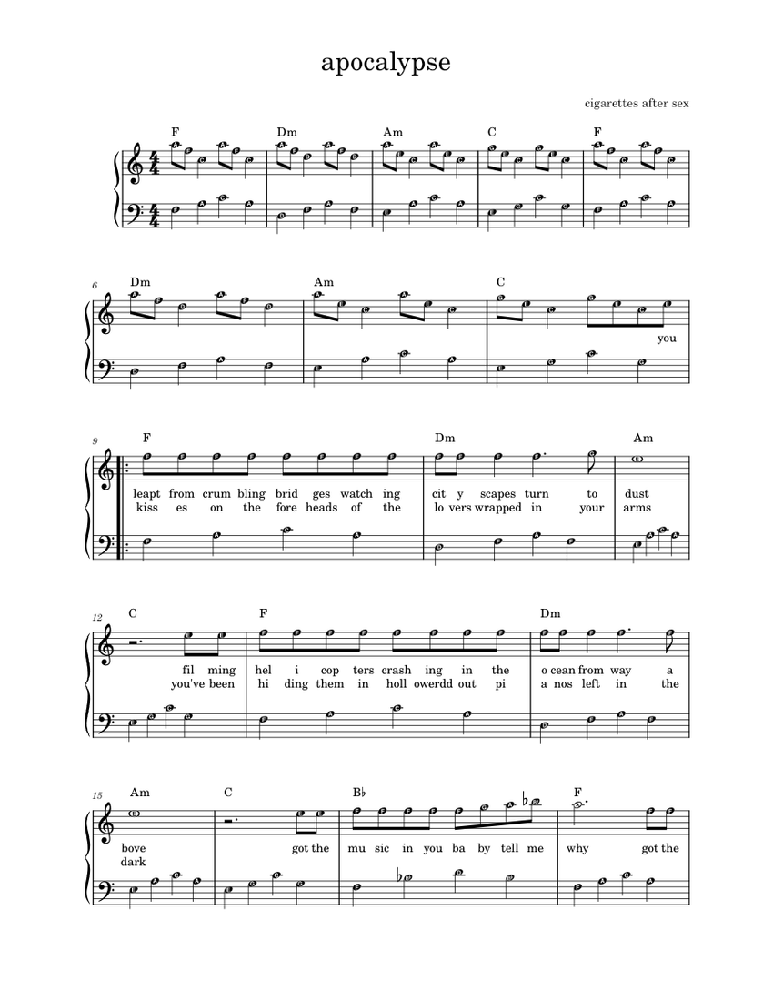Apocalypse – Cigarettes After Sex Sheet Music with Chords for Piano ...