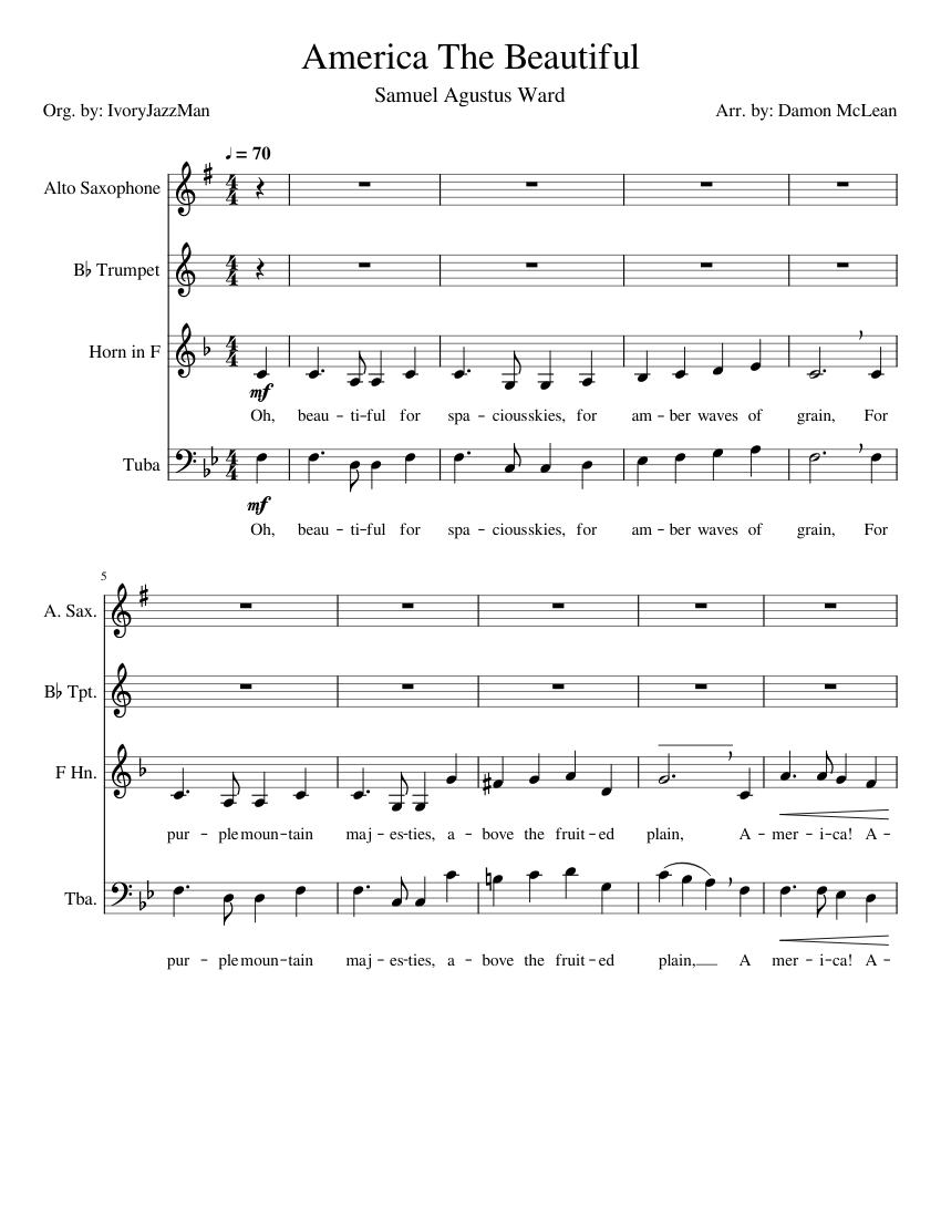 America The Beautiful Sheet music for Tuba, Saxophone alto, Trumpet in ...