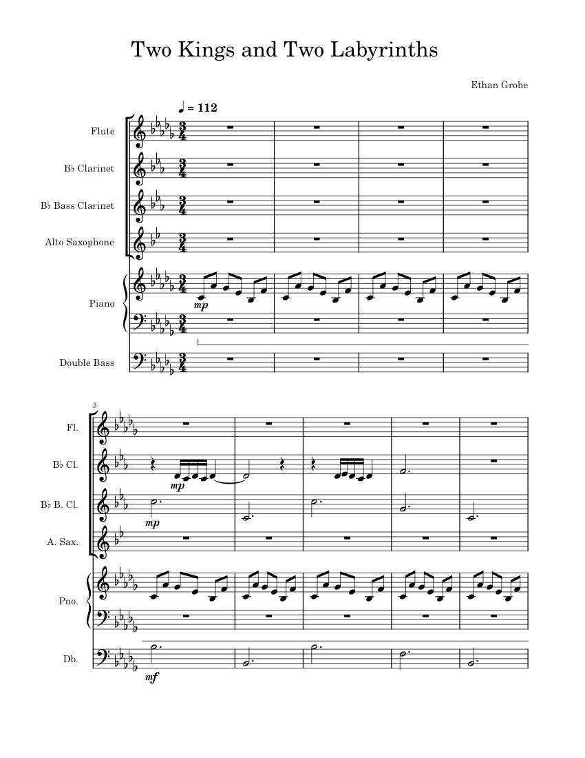 Two Kings and Two Labyrinths Sheet music for Piano, Flute, Clarinet in ...