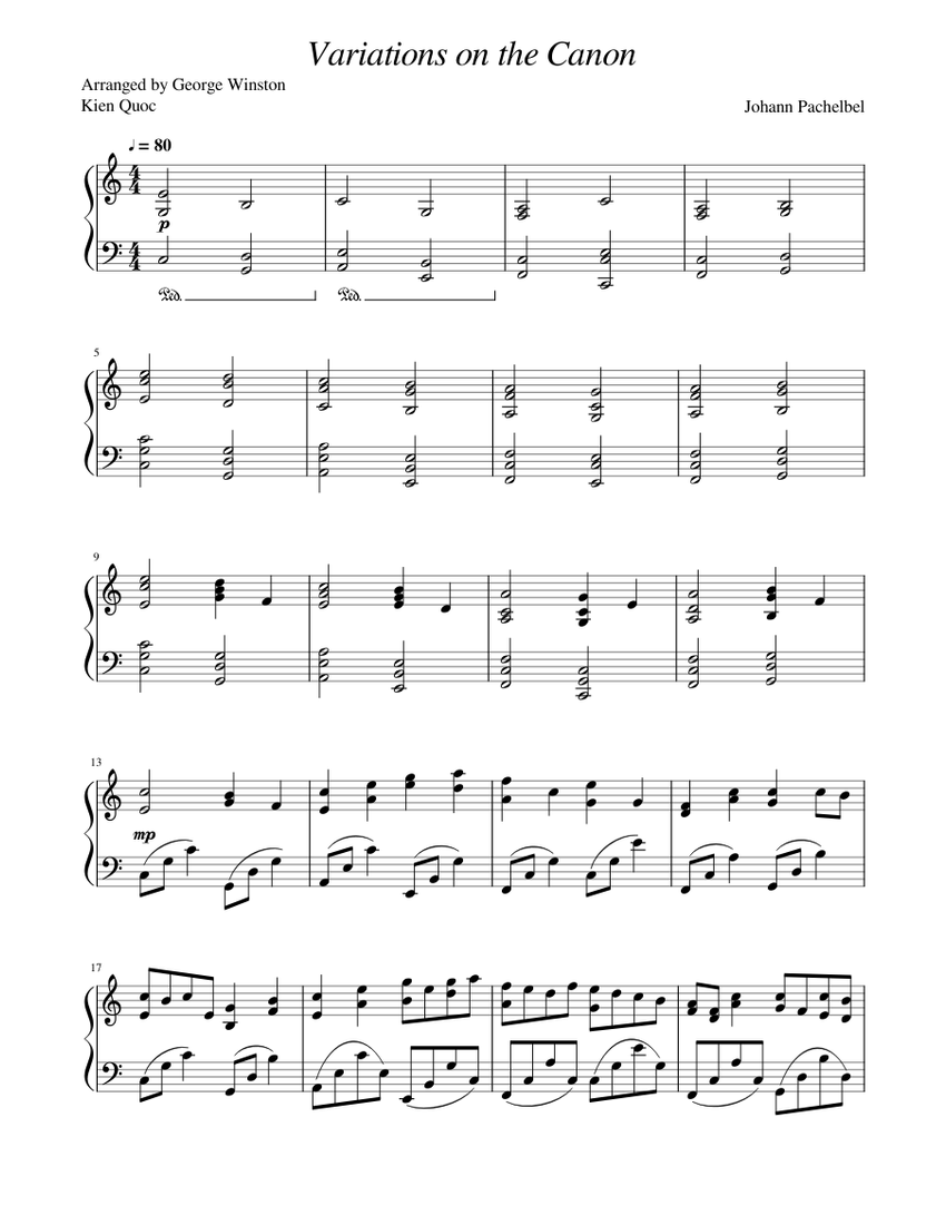 Variations on the Canon (Canon in C) - by George Winston Sheet Music ...