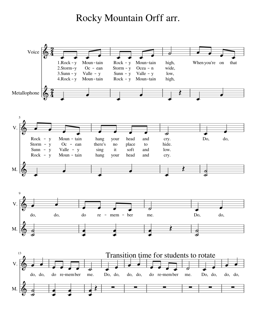 Rocky Mountain Orff arr Sheet Music for Soprano, Xylophone (Mixed Duet ...