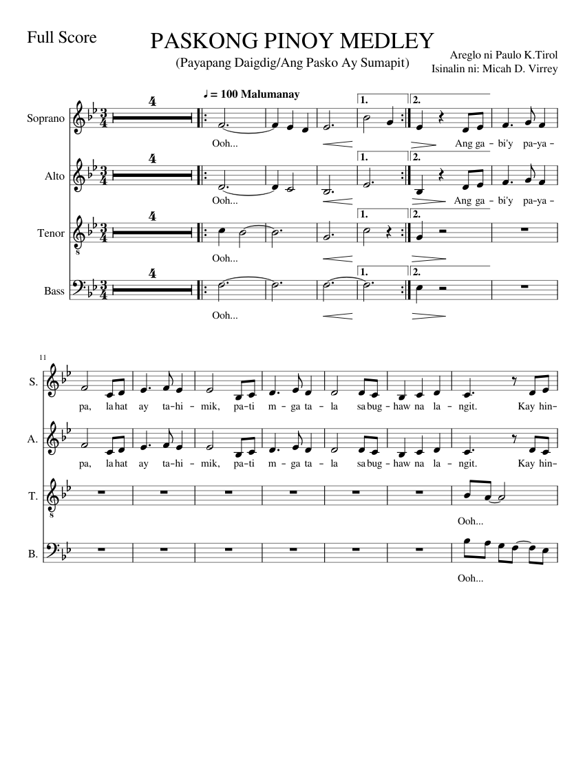 PASKONG PINOY MEDLEY Payapang Daigdig FULL SCORE Sheet Music for Violin ...
