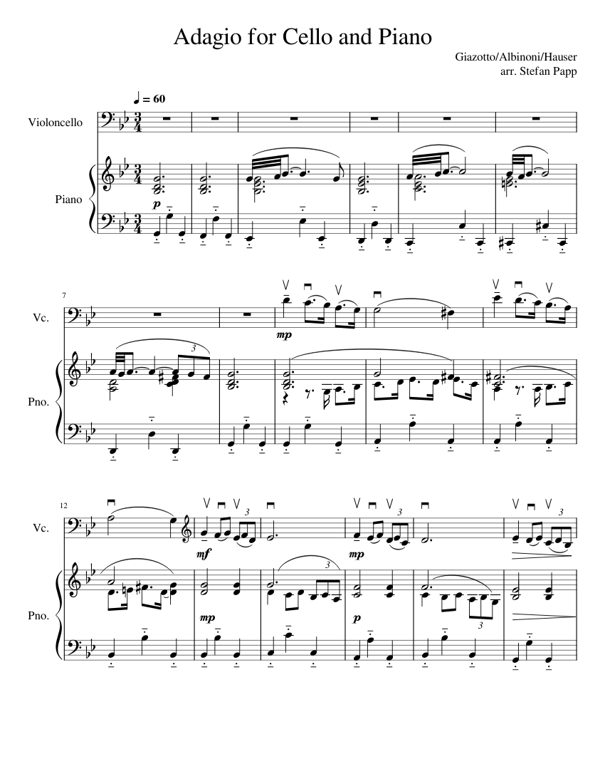 Adagio – Tomaso Albinoni Sheet Music for Piano, Cello (Mixed Duet ...