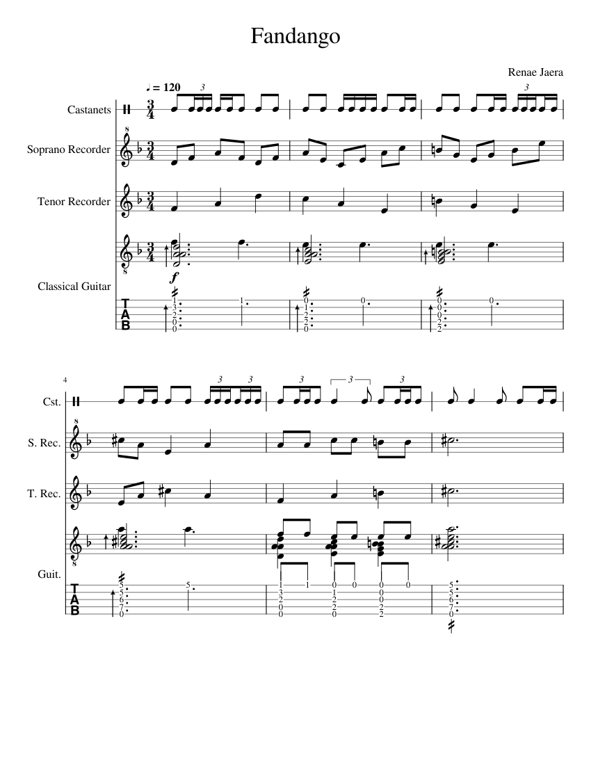 Fandango Sheet Music and Tab for Guitar, Recorder, Castanets (Mixed ...