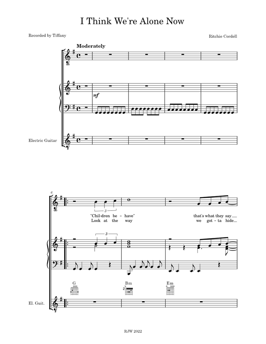 I Think We’re Alone Now – Ritchie Cordell Sheet music for Piano, Vocals ...