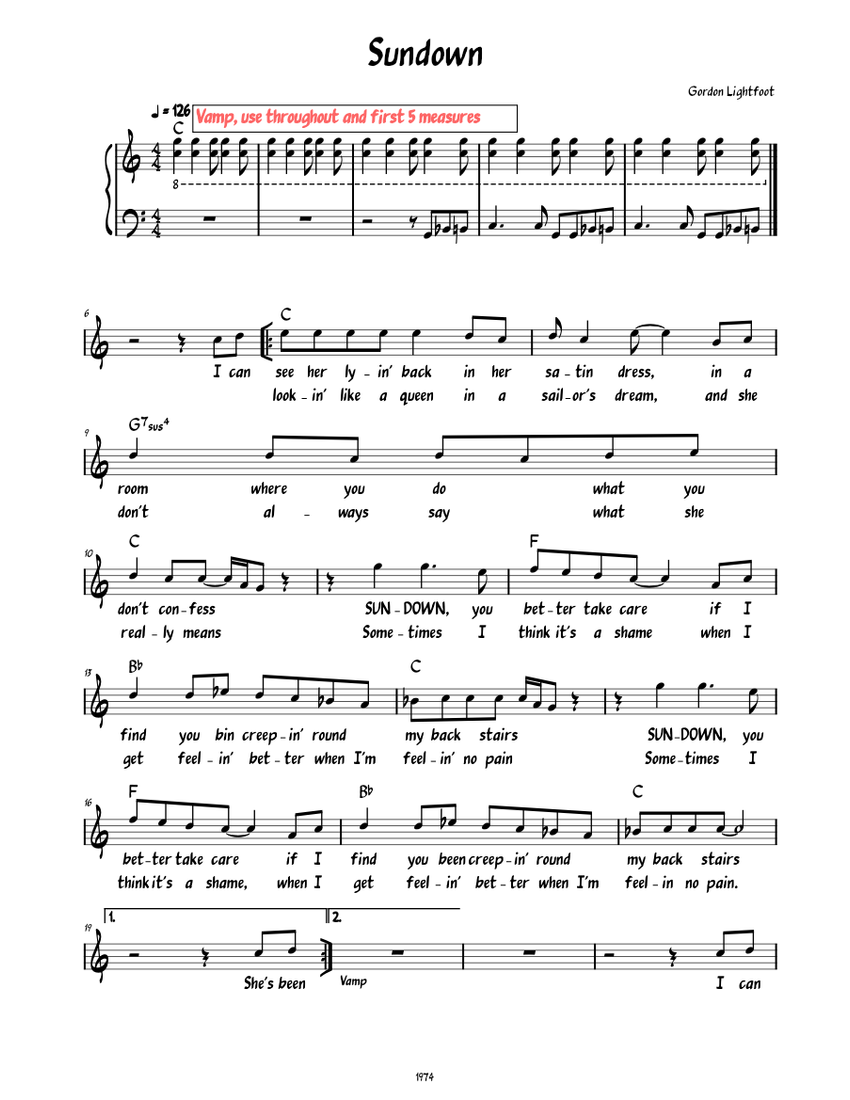 Sundown (Lead sheet with lyrics ) Sheet Music with Chords for Piano ...