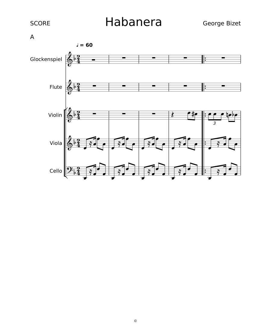 Habanera carmen Sheet Music for Flute, Glockenspiel, Violin, Viola ...