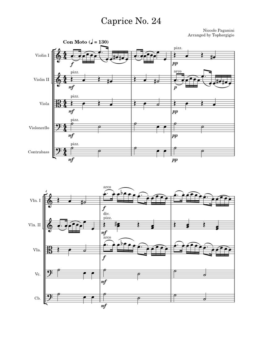 Caprice No. 24 - Arranged by Tophergigio Sheet Music for Contrabass ...