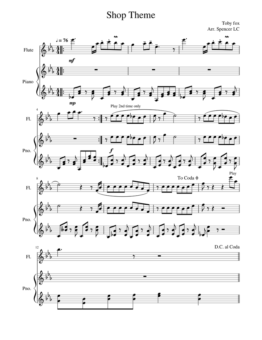 Undertale Shop Theme Sheet Music for Piano, Flute (Solo) | MuseScore.com