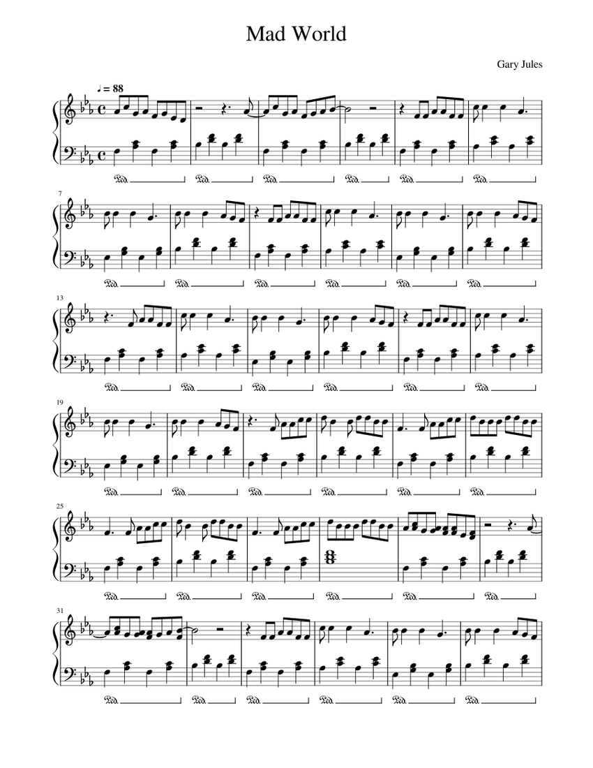 Mad World - Gary Jules (piano version) Sheet Music for Piano (Solo ...