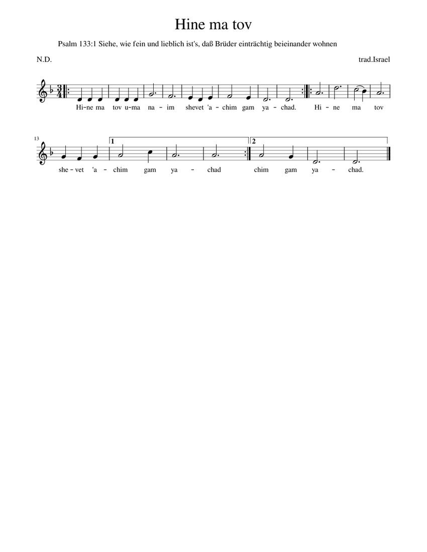 Hine Ma Tov Sheet music for Piano (A Capella) | Musescore.com