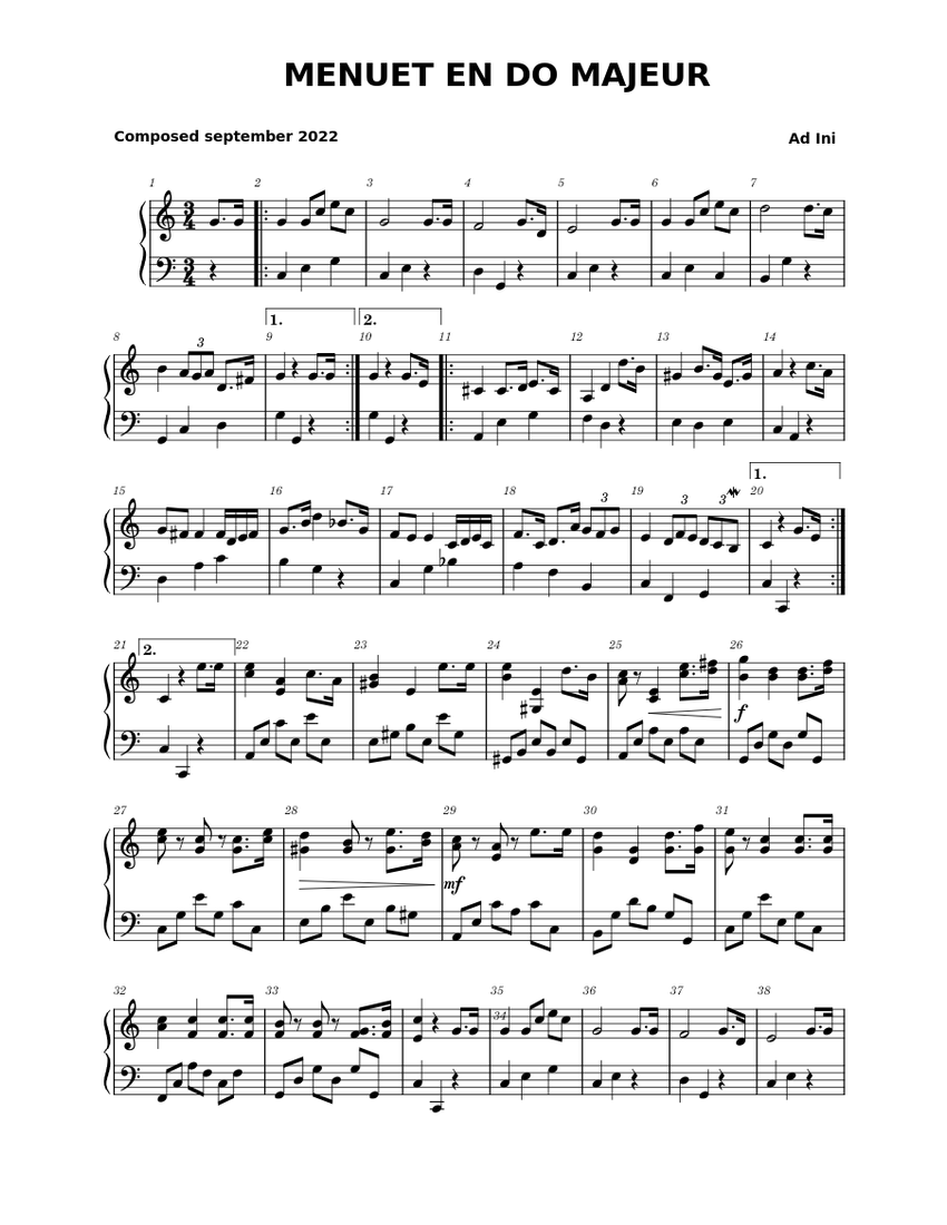 Menuet en Do majeur Sheet music for Piano (Solo) | Musescore.com