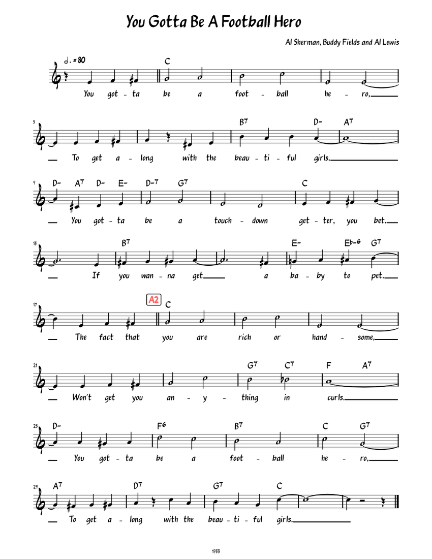 You Gotta Be A Football Hero (Lead Sheet with lyrics ) Sheet Music with ...