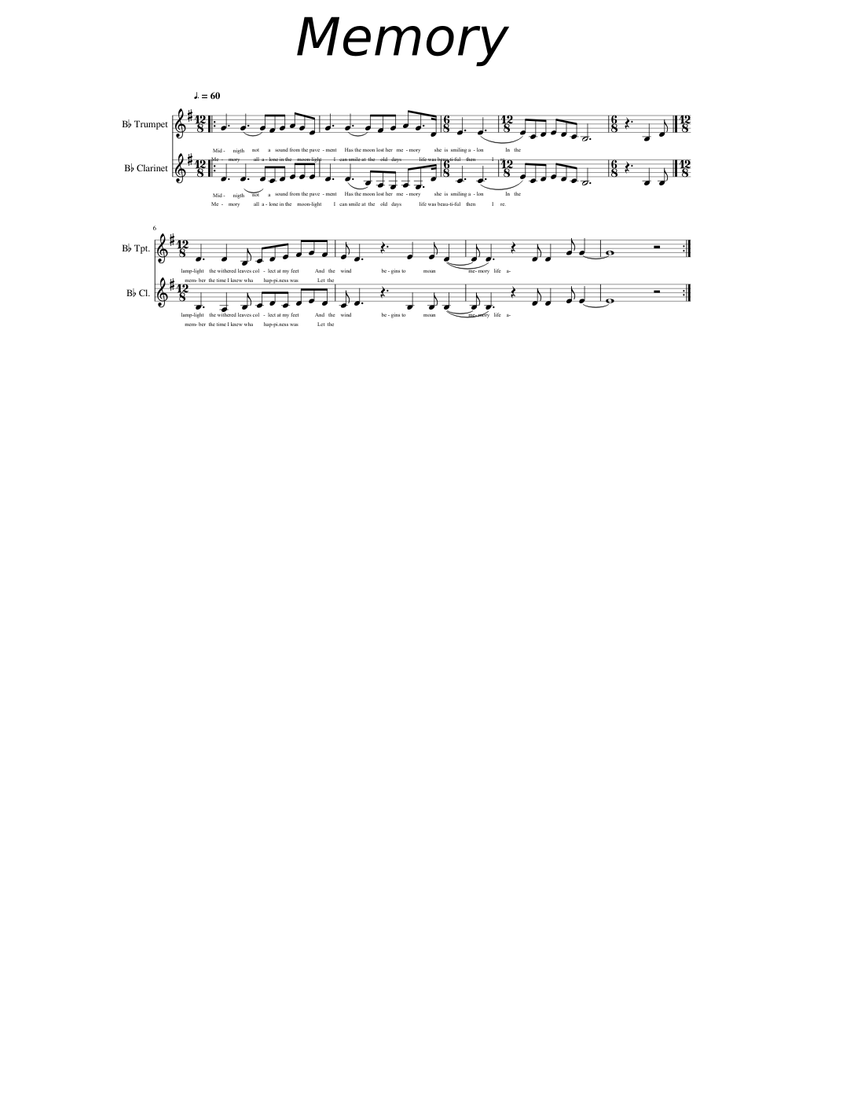 Memory Sheet music for Clarinet other, Trumpet other (Mixed Duet ...