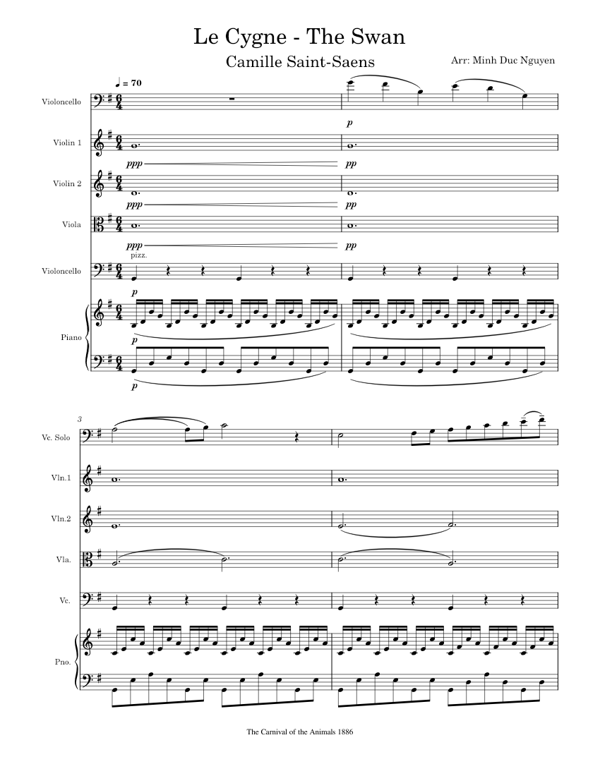 The Swan (Le Cygne) - Cello Solo and String Quartet Sheet Music for Piano, Violin, Viola, Cello ...