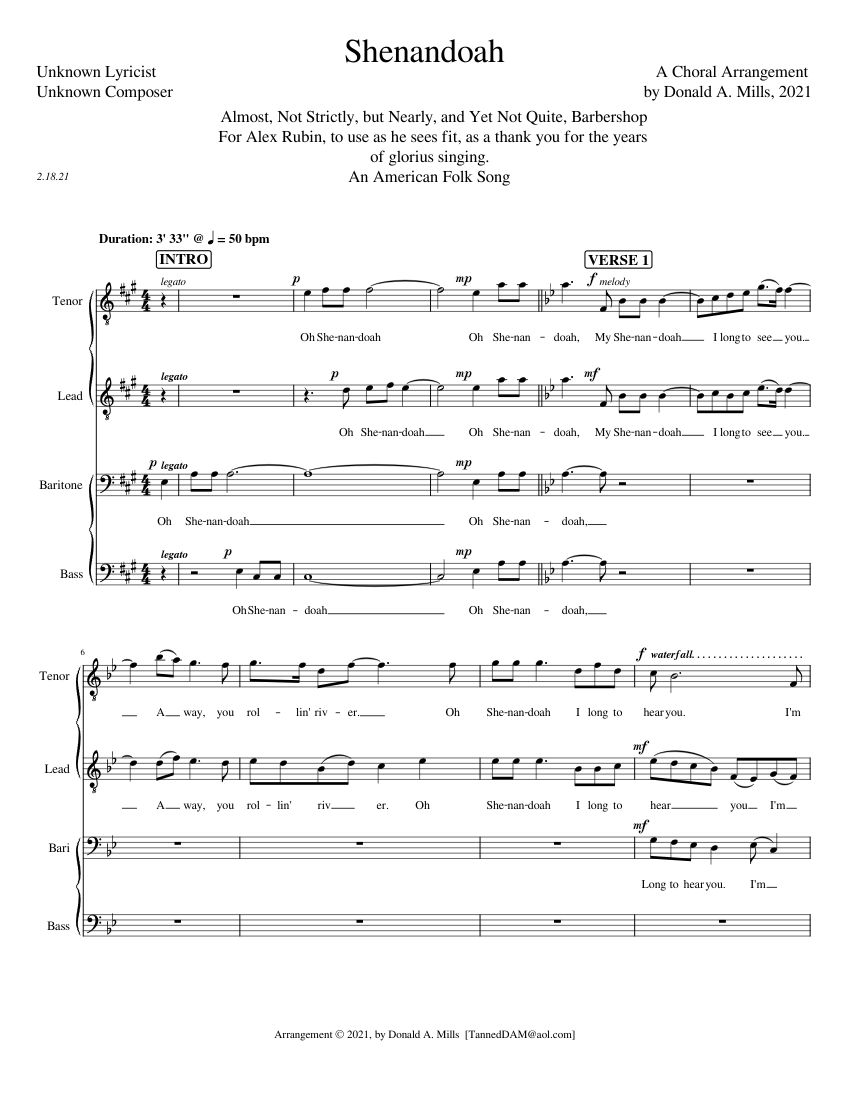 Shenandoah (ttbb) Sheet music for Tenor, Bass voice, Baritone (Men’s Choir) | Musescore.com