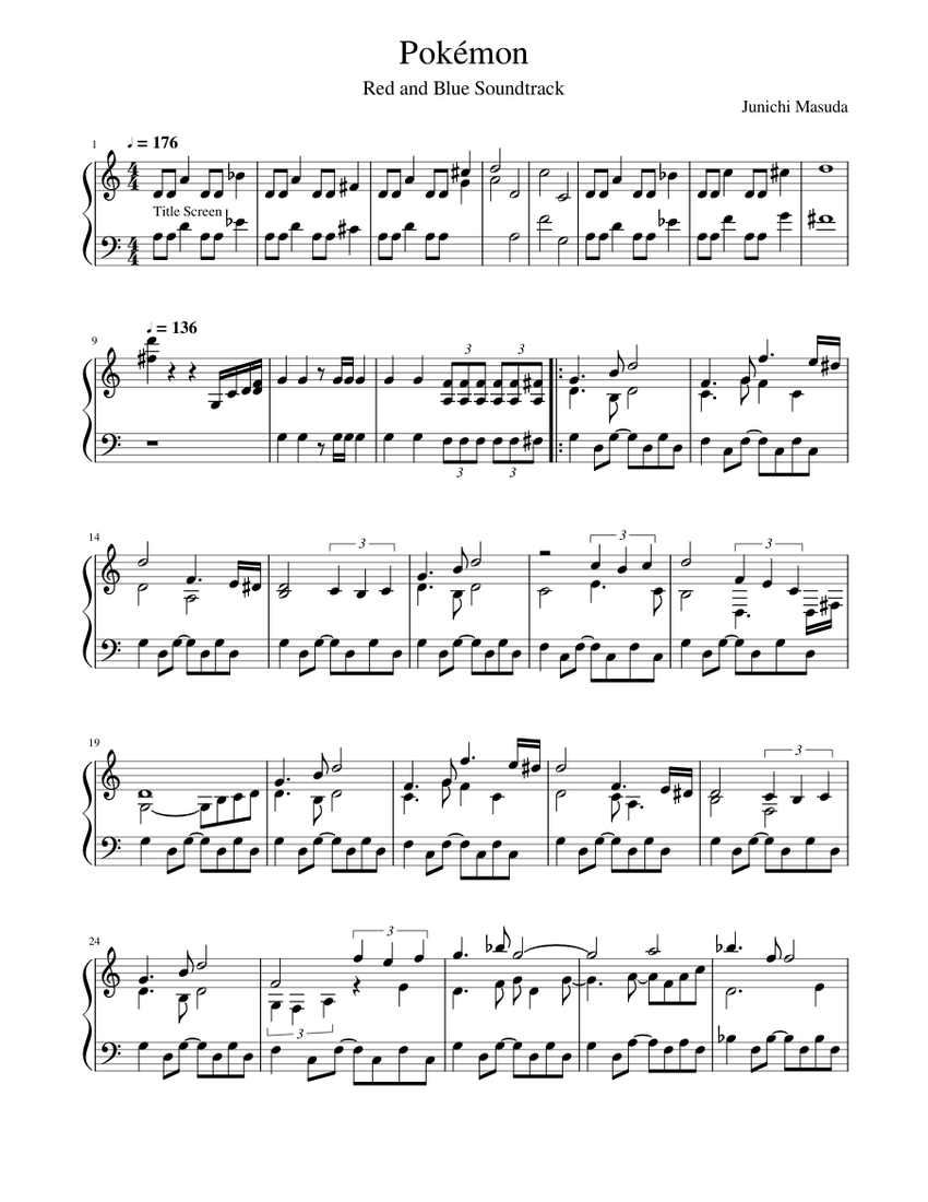 Pokémon Red and Blue Soundtrack Sheet Music for Piano (Solo ...