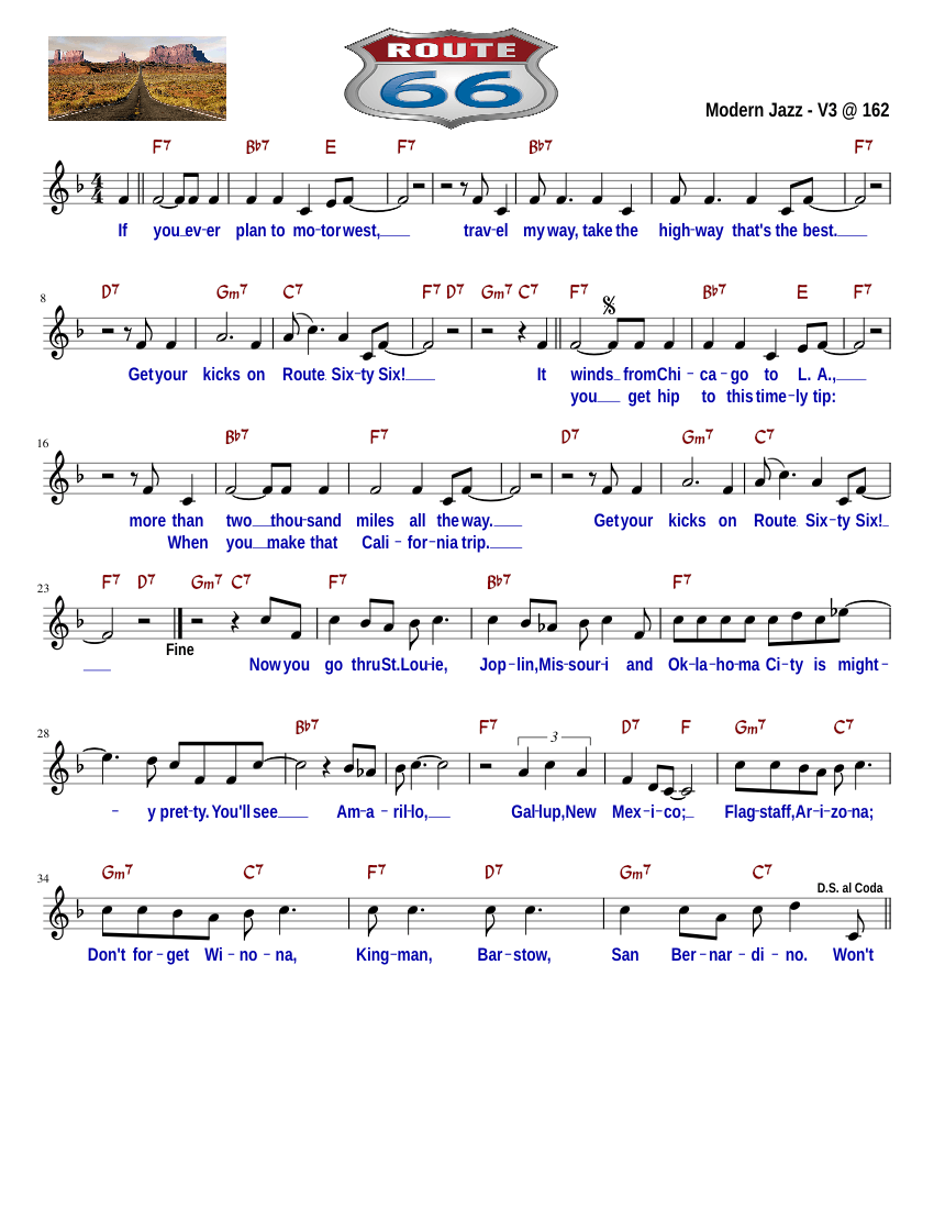 Route 66 Sheet Music with Chords for Piano (Solo) easy | MuseScore.com