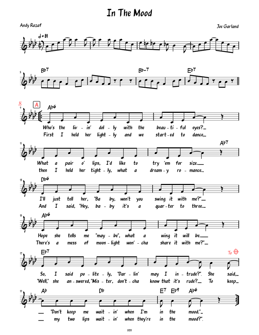 In the Mood (Lead sheet with lyrics ) Sheet music for Piano (Solo ...