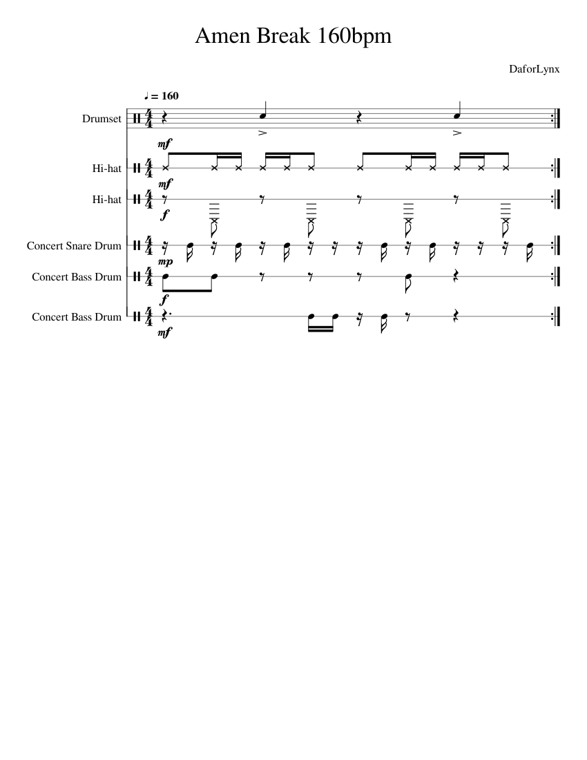 Amen_Break_160bpm Sheet Music for Snare drum, Drum group, Bass drum, Hi ...
