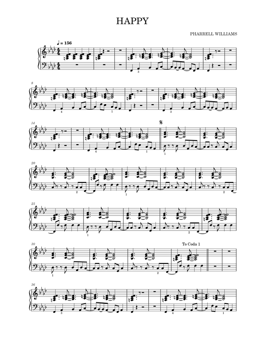 Happy – Pharrell Williams HAPPY Sheet Music for Piano (Solo) Easy ...