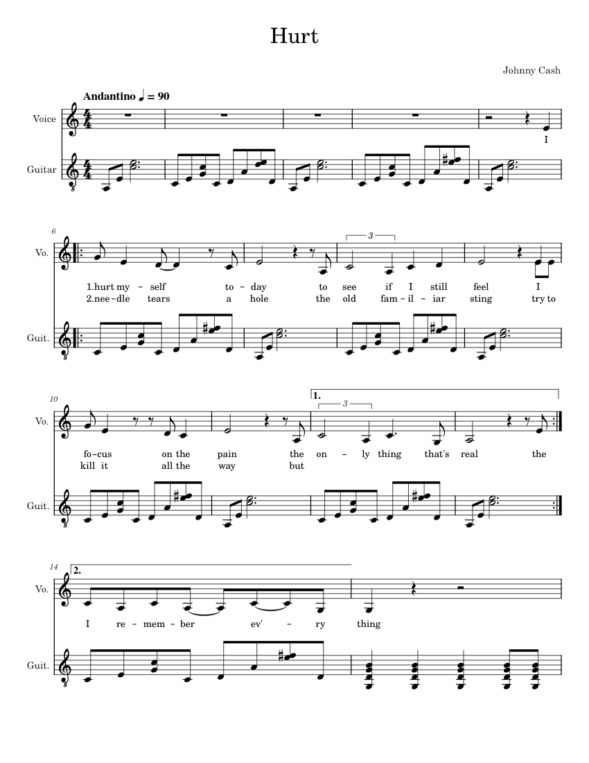 Hurt - Johnny Cash Sheet Music for Vocals, Guitar (Solo) | MuseScore.com
