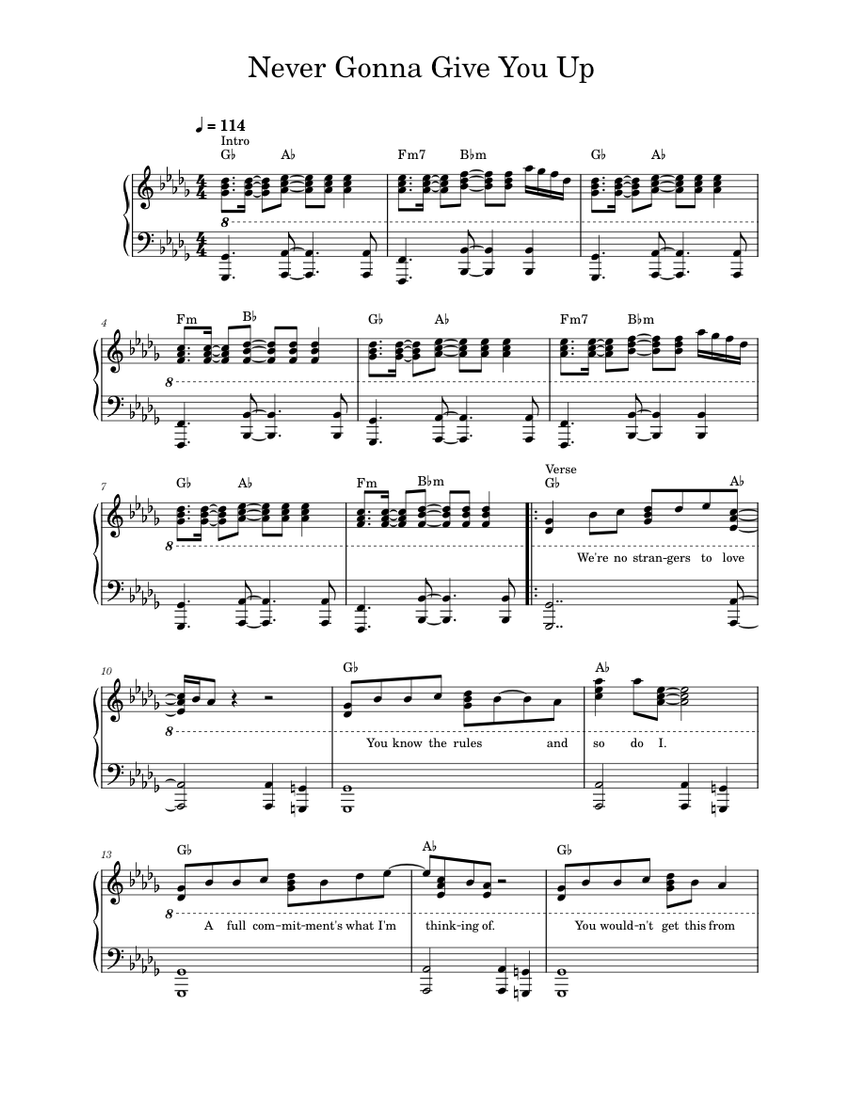 Never Gonna Give You Up – Rick Astley Sheet Music with Chords for Piano ...