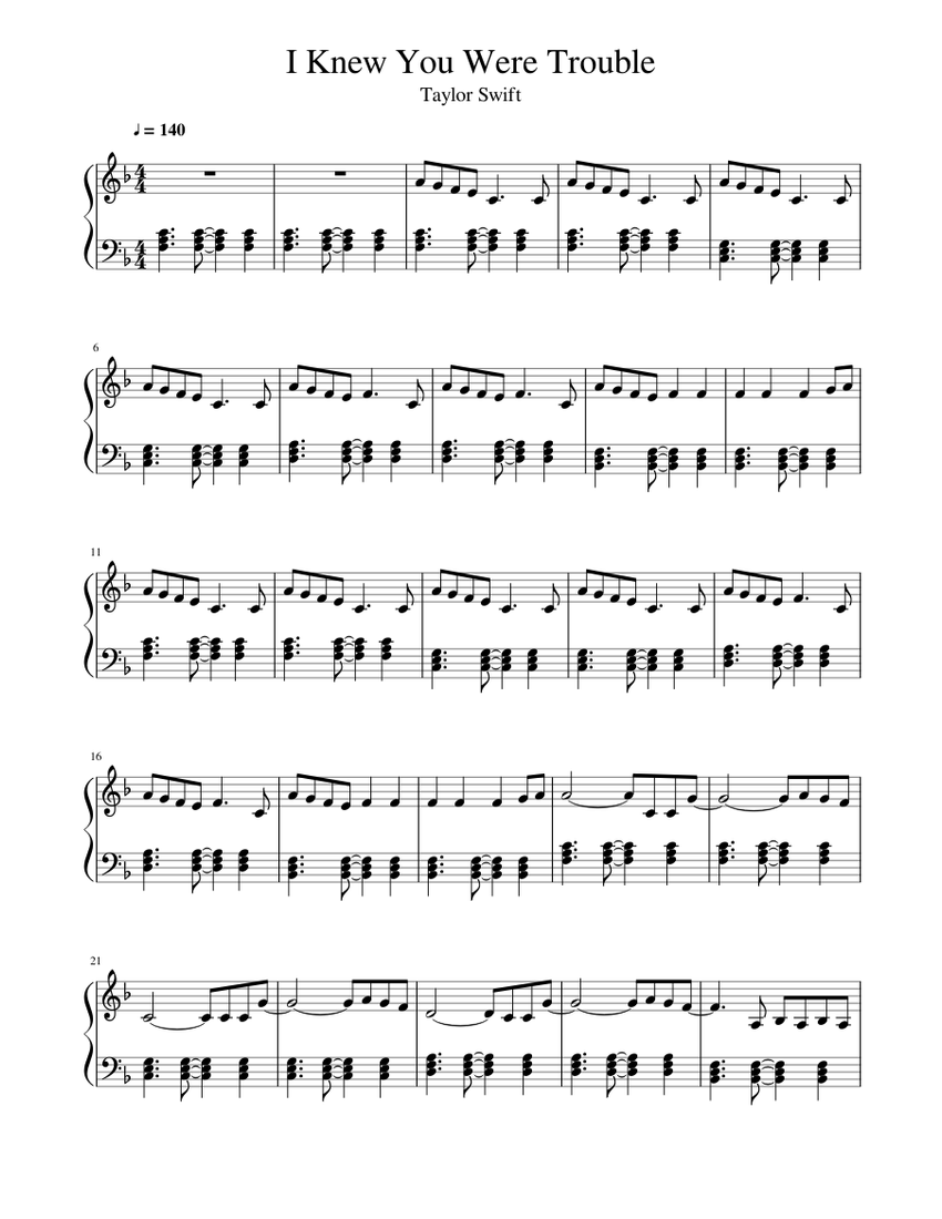 I Knew You Were Trouble - Taylor Swift Sheet Music for Piano (Solo ...