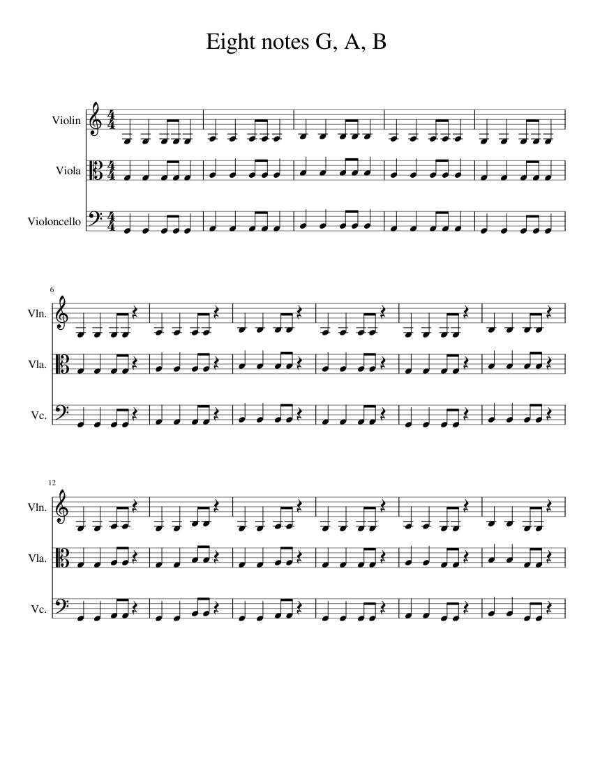 Eight notes G, A, B Sheet Music for Violin, Viola, Cello (String Trio ...