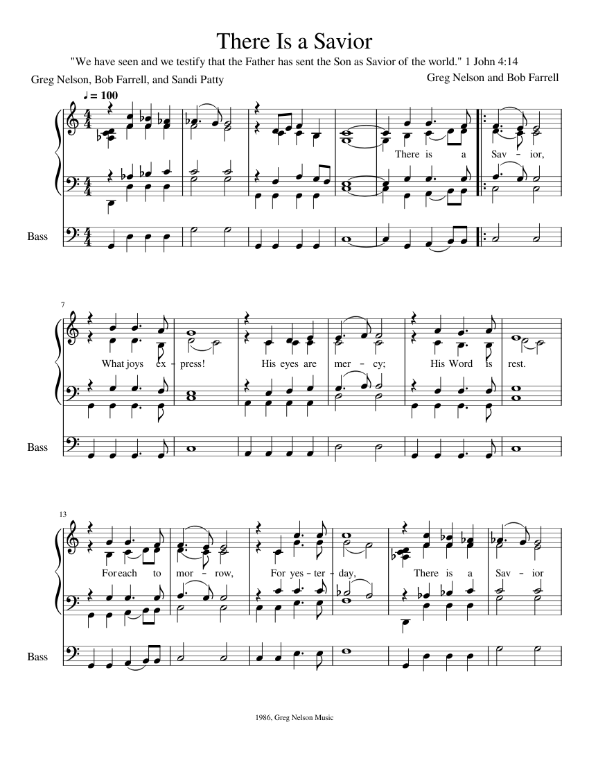 There Is a Savior Sheet Music for Piano, Bass guitar (Mixed Duet ...
