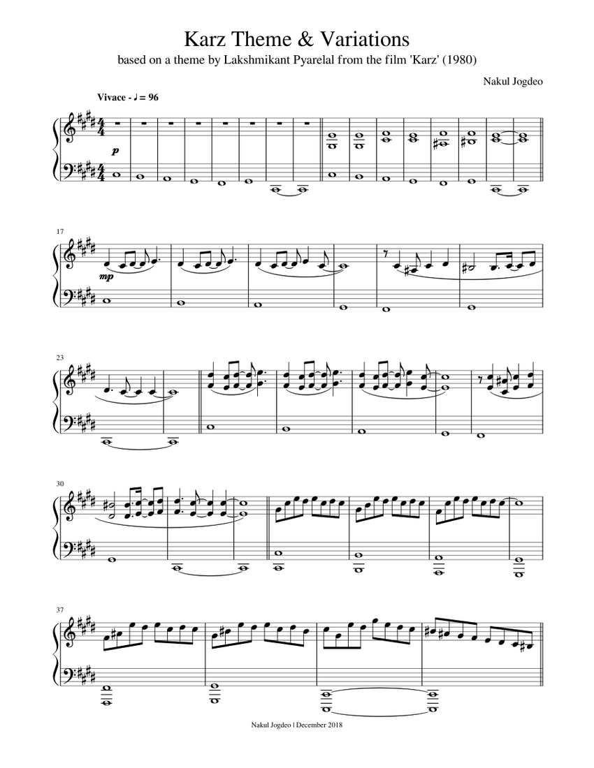 Karz Theme & Variations Sheet Music for Piano (Solo) | MuseScore.com