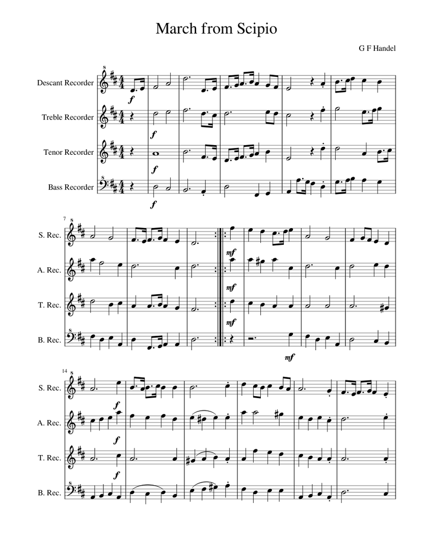 March from Scipio G F Handel Sheet Music for Recorder (Mixed Quartet ...