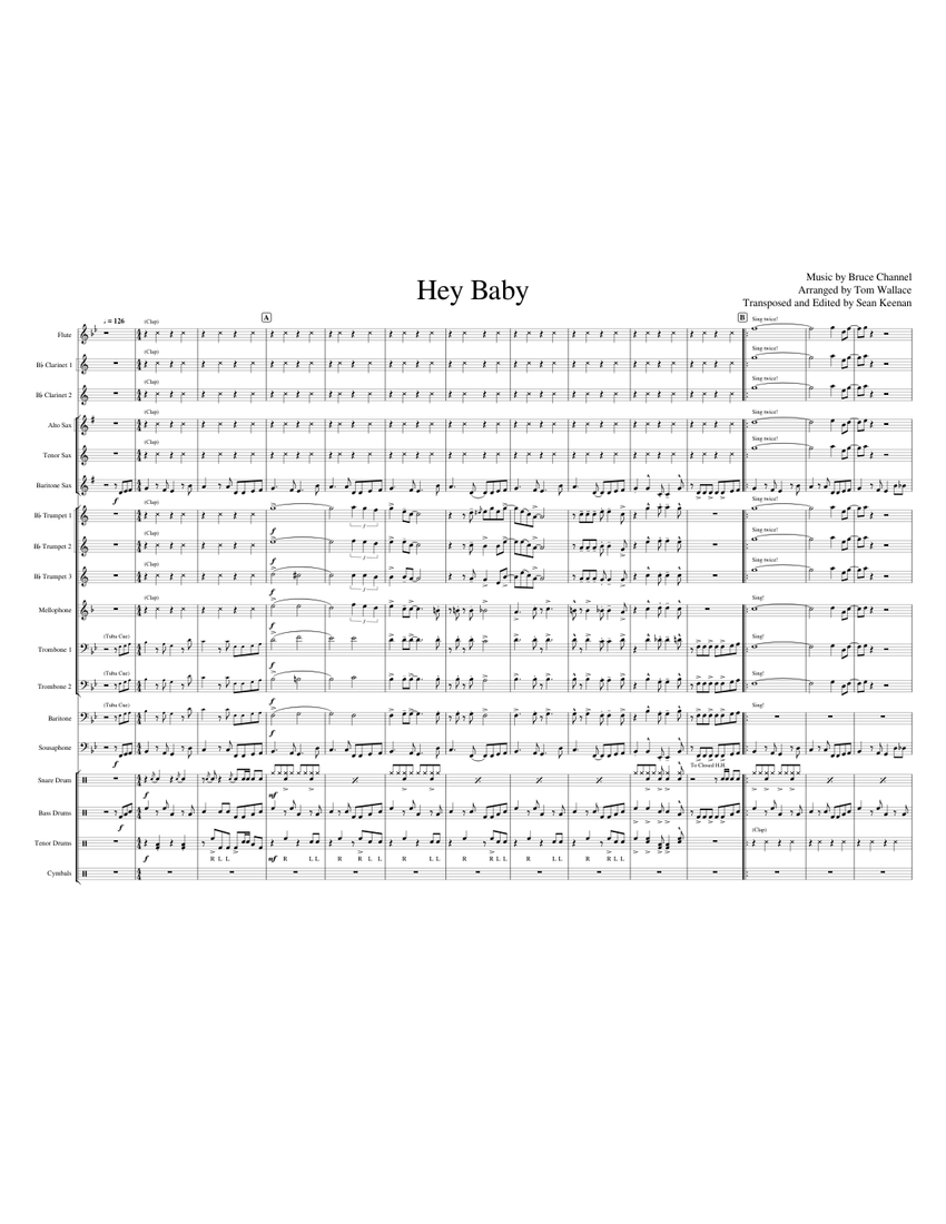 Hey Baby Arrangement Sheet Music for Trombone, Tuba, Flute, Clarinet in ...