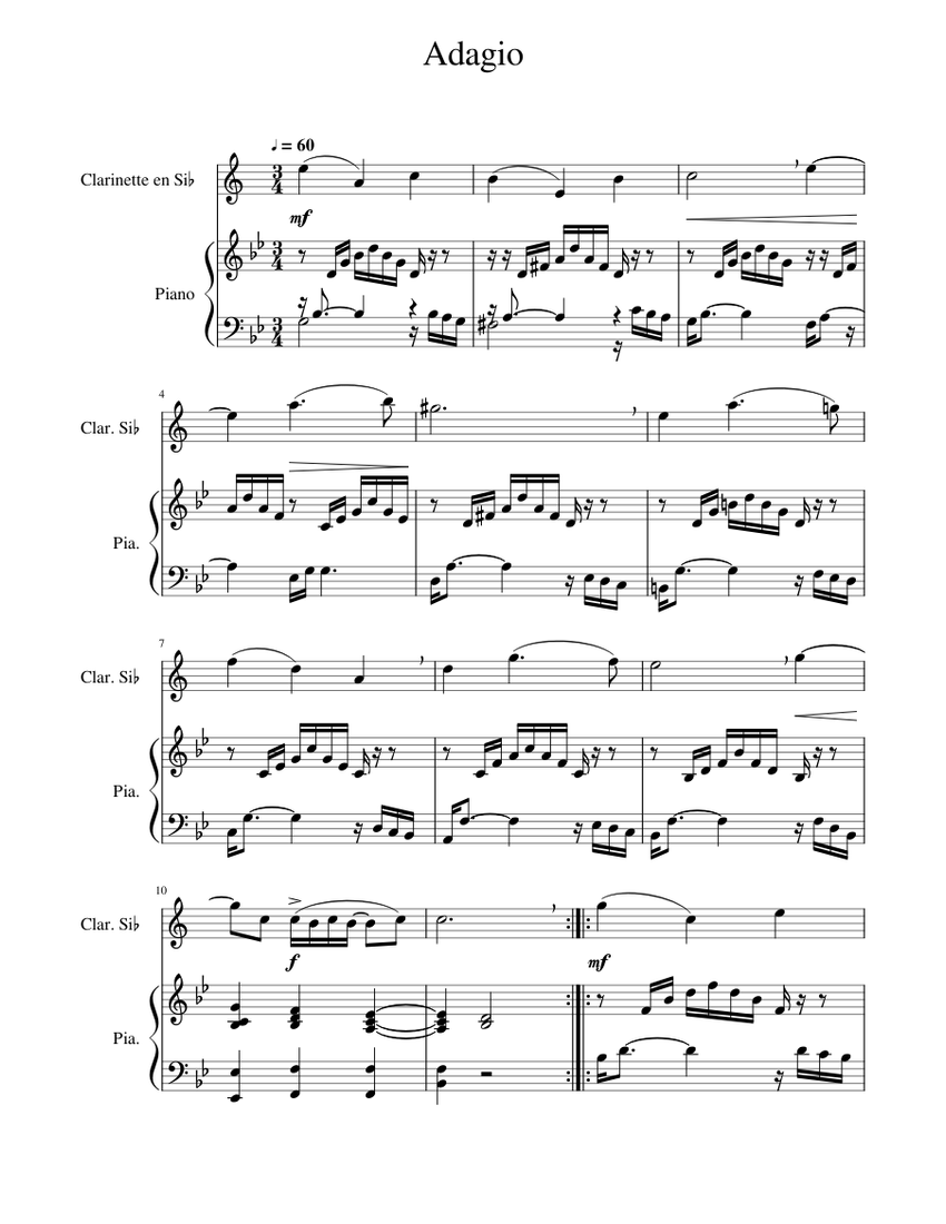 adagio Sheet Music for Piano, Clarinet in b-flat (Solo) easy ...