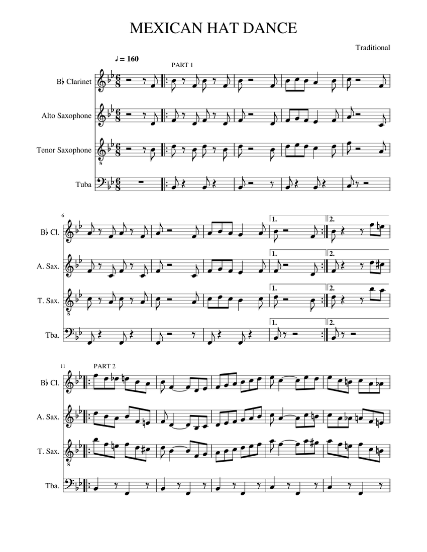 MEXICAN HAT DANCE Sheet Music for Tuba, Clarinet in b-flat, Saxophone ...
