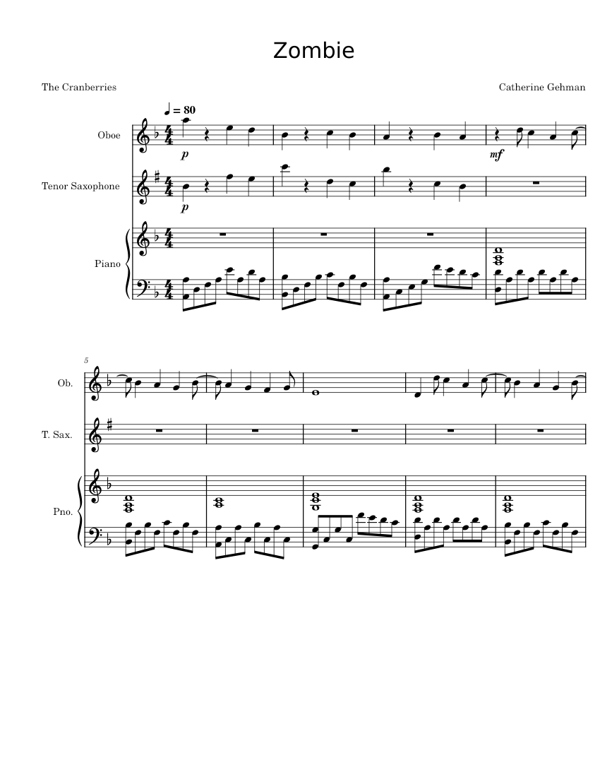 Zombie Sheet music for Piano, Oboe, Saxophone tenor (Woodwind Duet ...