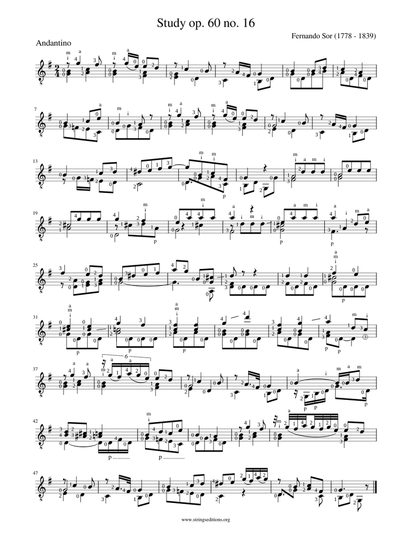 Introduction to Guitar Study, Op. 60 – Fernando Sor - study no.16 Sheet ...
