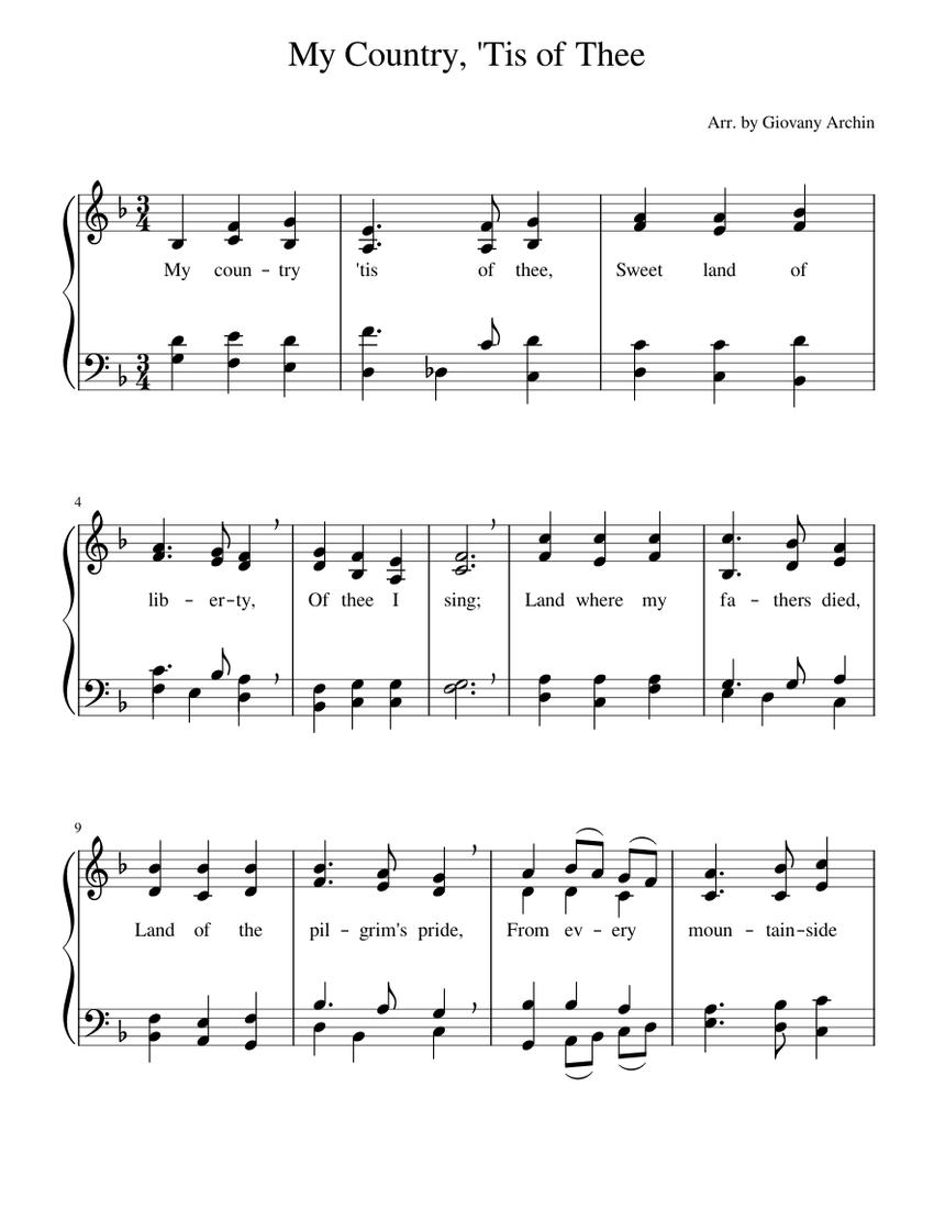 My_Country_Tis_of_Thee Sheet music for Piano (Solo) Easy | Musescore.com