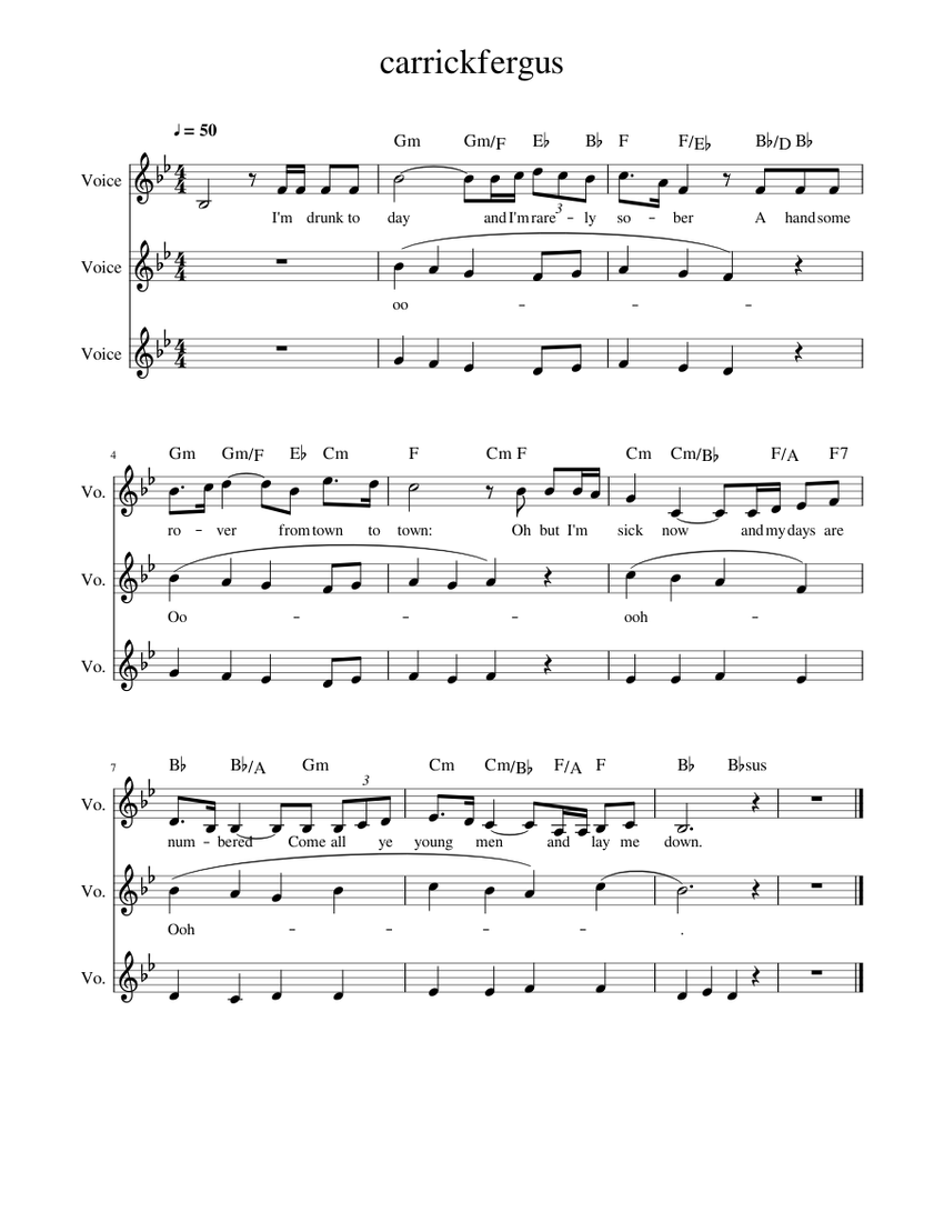 carrickfergus harmonies Sheet Music with Chords for Vocals (Choral ...