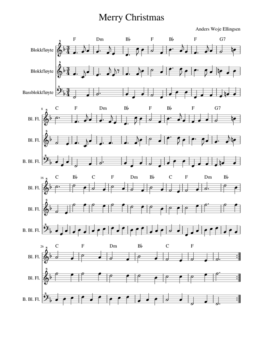 Merry Christmas Sheet Music with Chords for Recorder (Mixed Trio ...