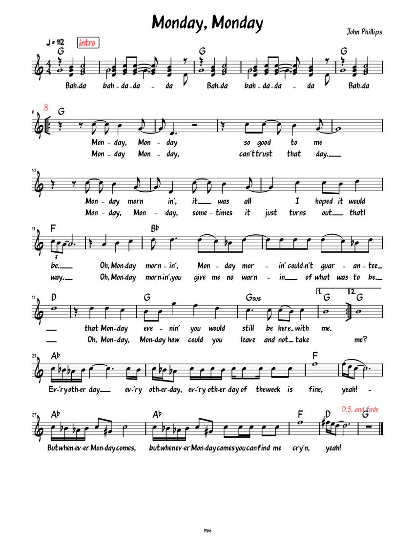 Monday Monday (Lead sheet with lyrics ) Sheet music for Piano (Solo ...