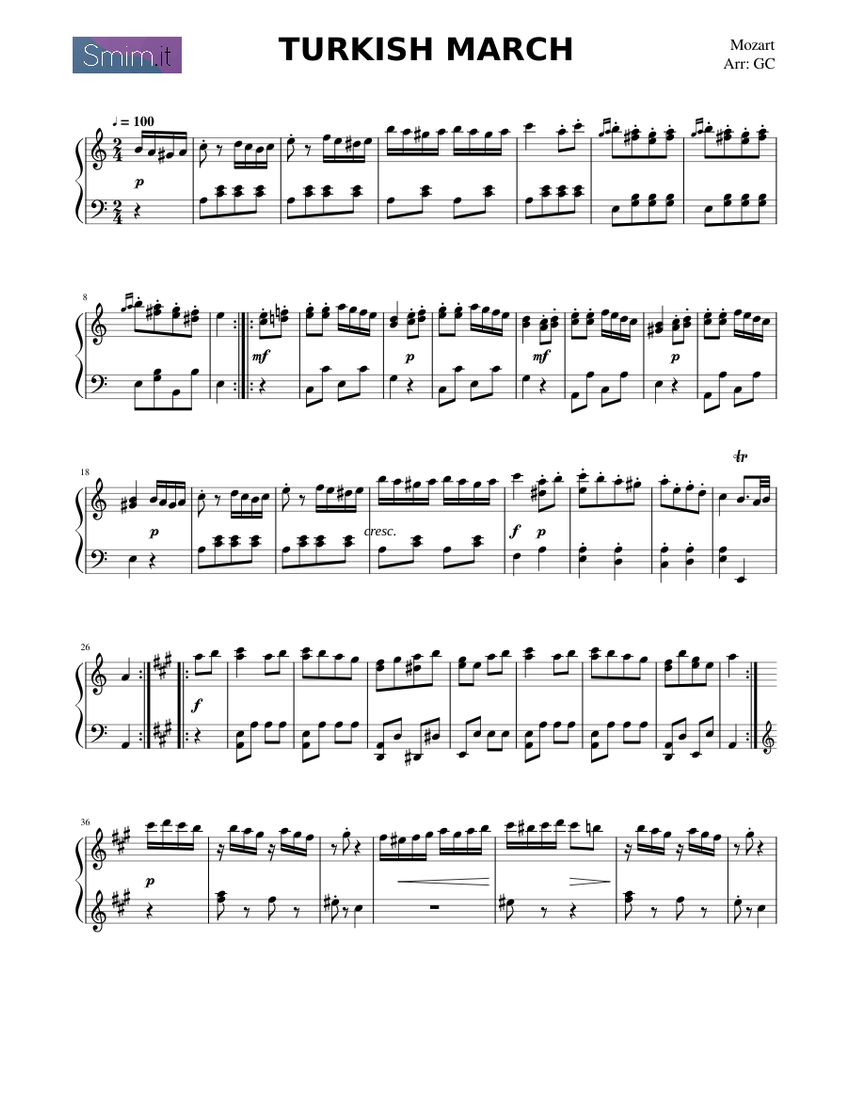Turkish March (Mozart) Sheet Music for Piano (Solo) | MuseScore.com