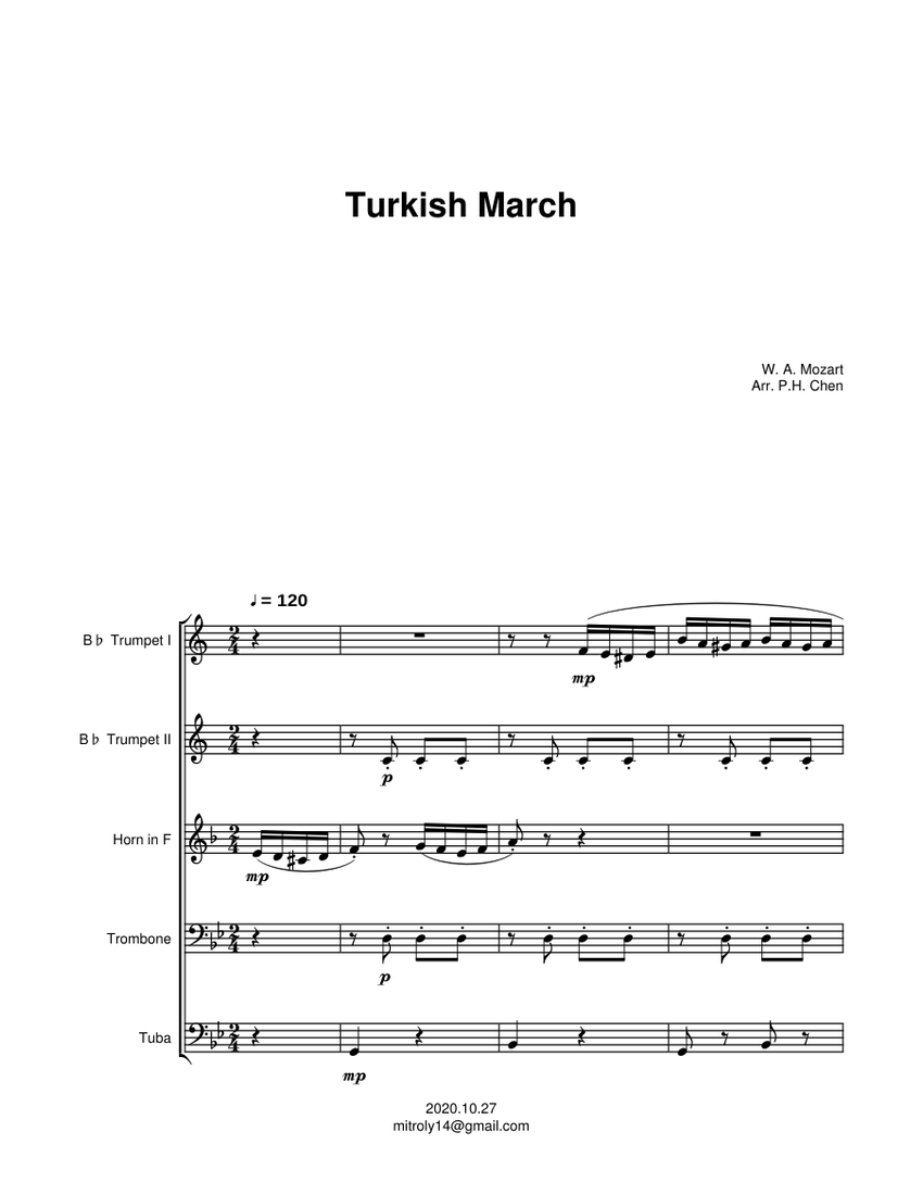 Turkish March Sheet Music for Trombone, Tuba, Trumpet in b-flat, French ...