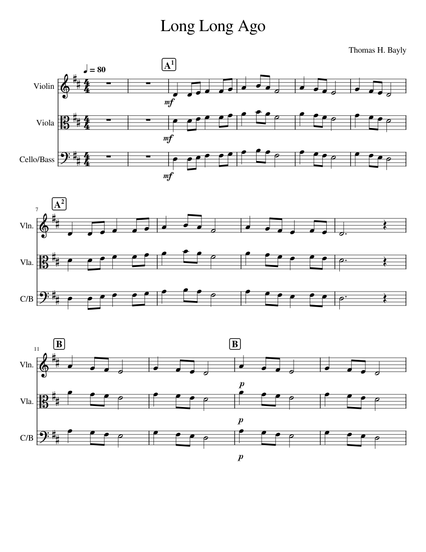 Long, Long Ago – Thomas Haynes Bayly Sheet Music for Violin, Viola, Cello (String Ensemble ...