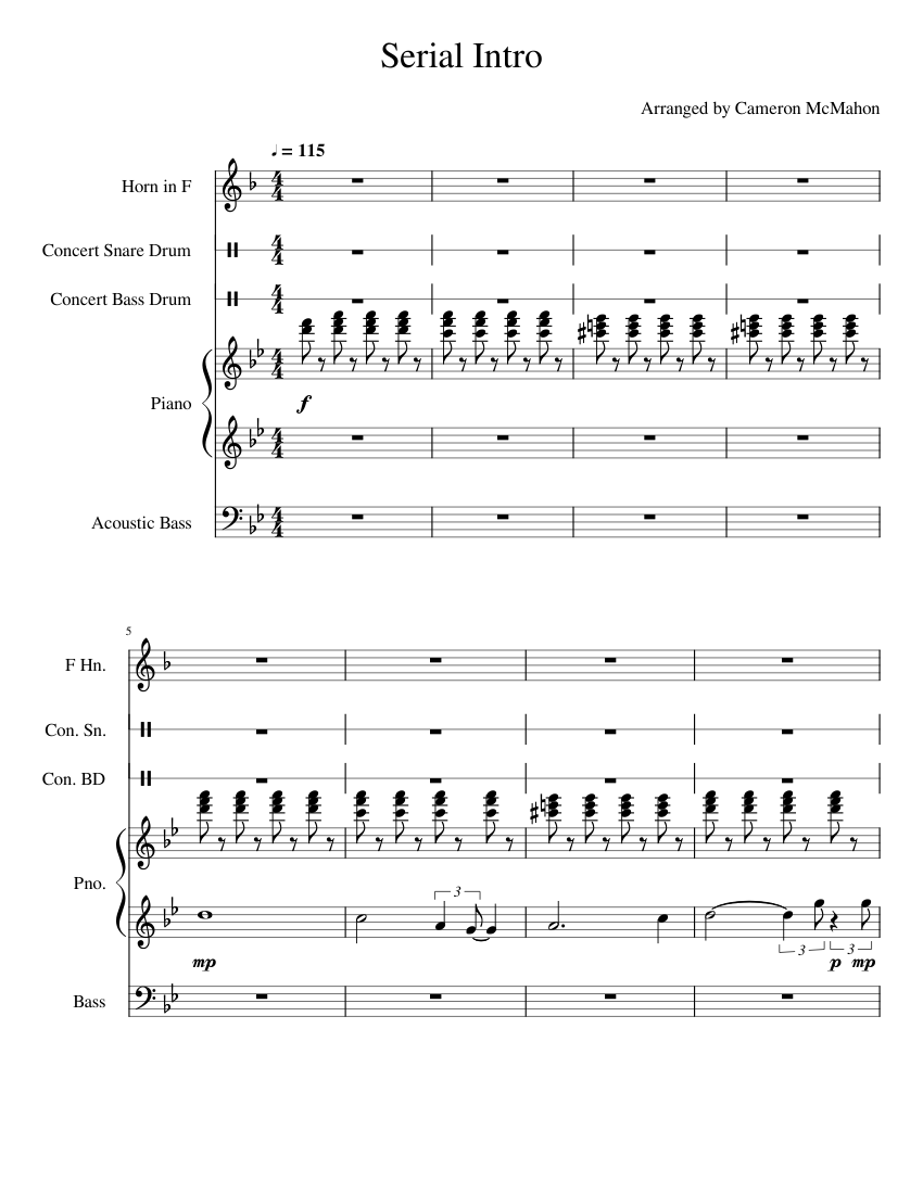Serial Podcast Intro Sheet Music for Piano, French horn, Snare drum ...
