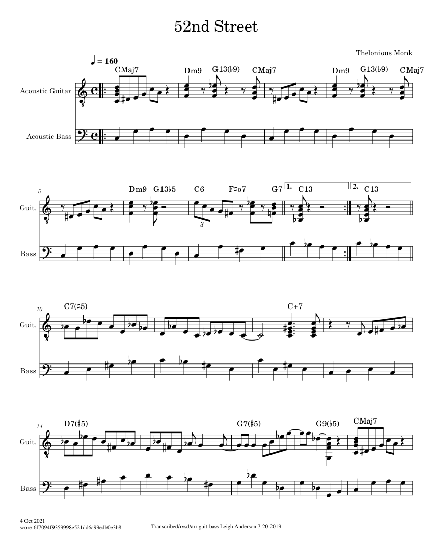 52nd Street Theme – Thelonious Monk Sheet music for Guitar, Bass guitar ...