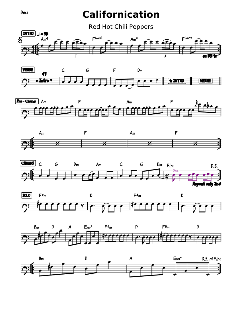 Californication-Bass Sheet Music with Chords for Bass guitar (Solo ...
